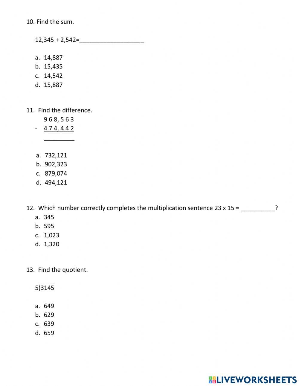 Grade 5 Mathema… | Free Interactive Worksheets | 1317832