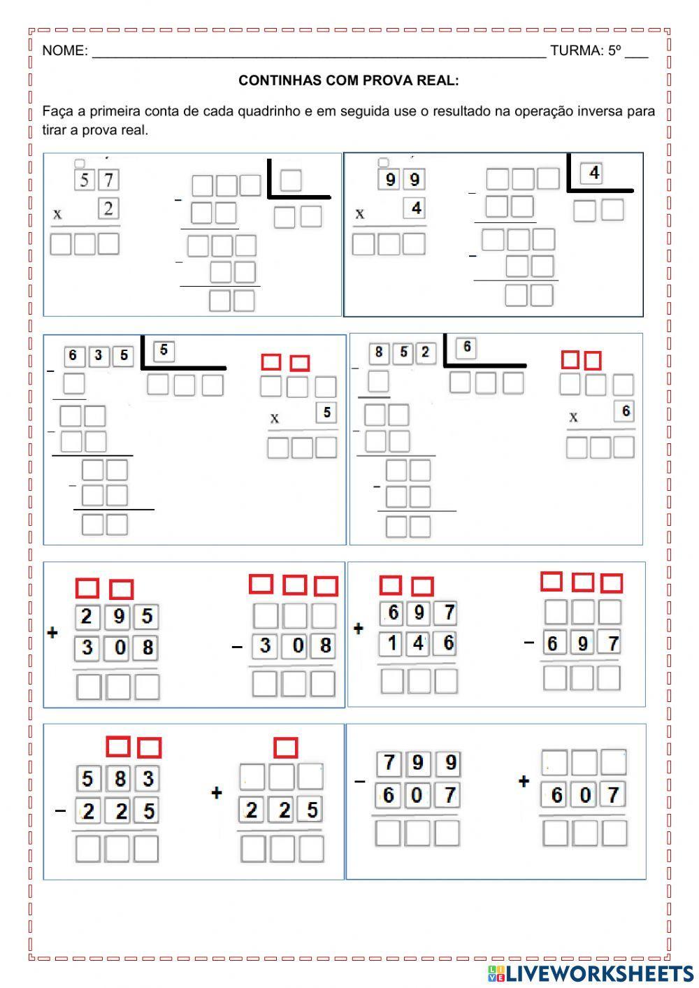 Prova Real - Operação Inversa worksheet | Live Worksheets
