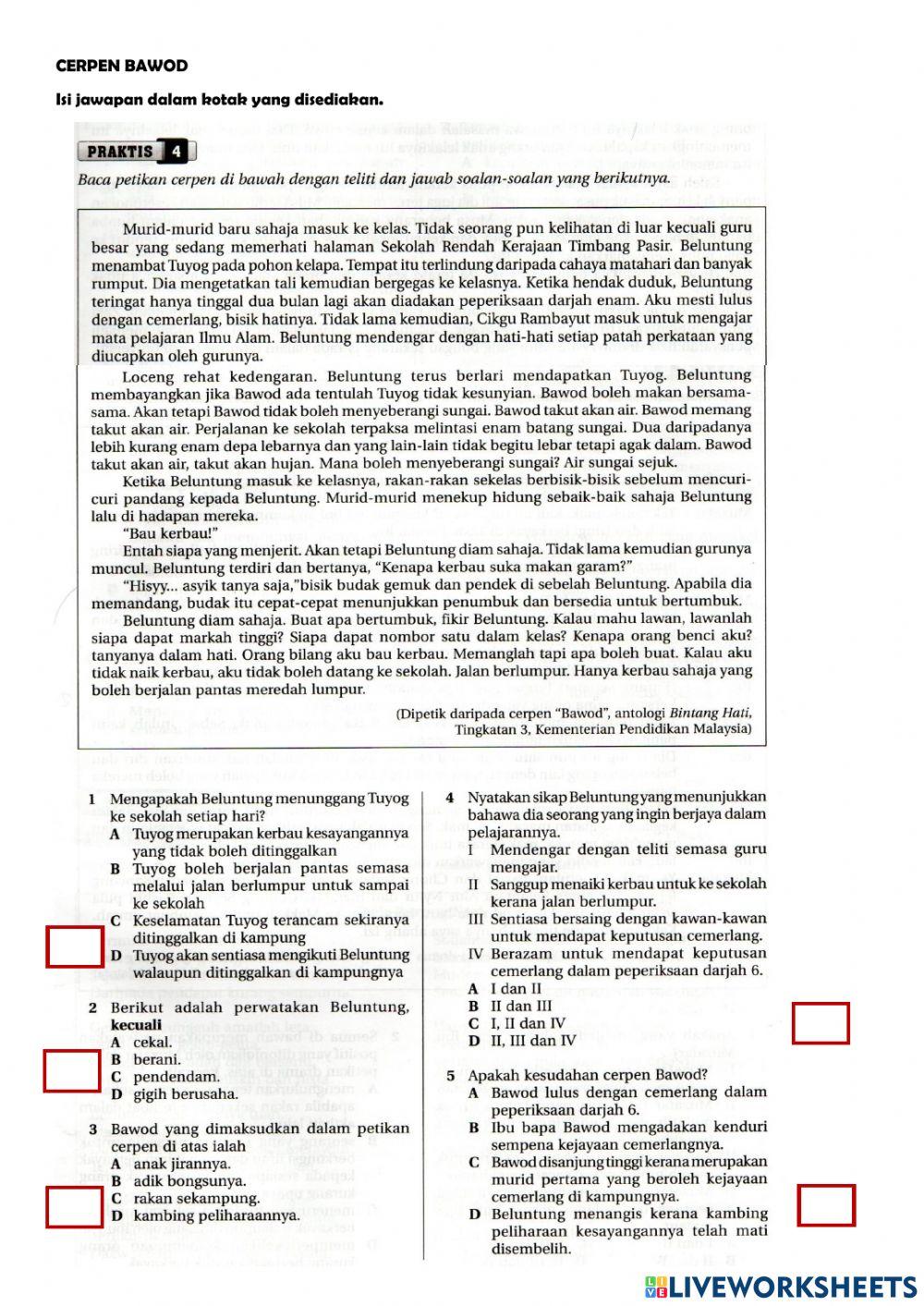 CERPEN BAWOD SOALAN OBJEKTIF online exercise for | Live Worksheets