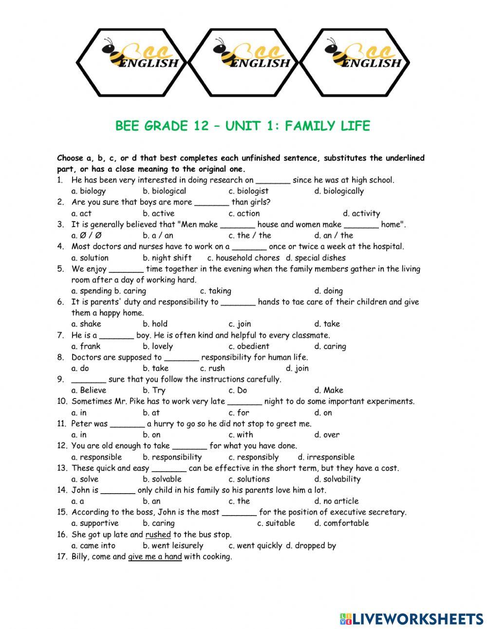 Bee Grade 12: Unit 1 worksheet | Live Worksheets