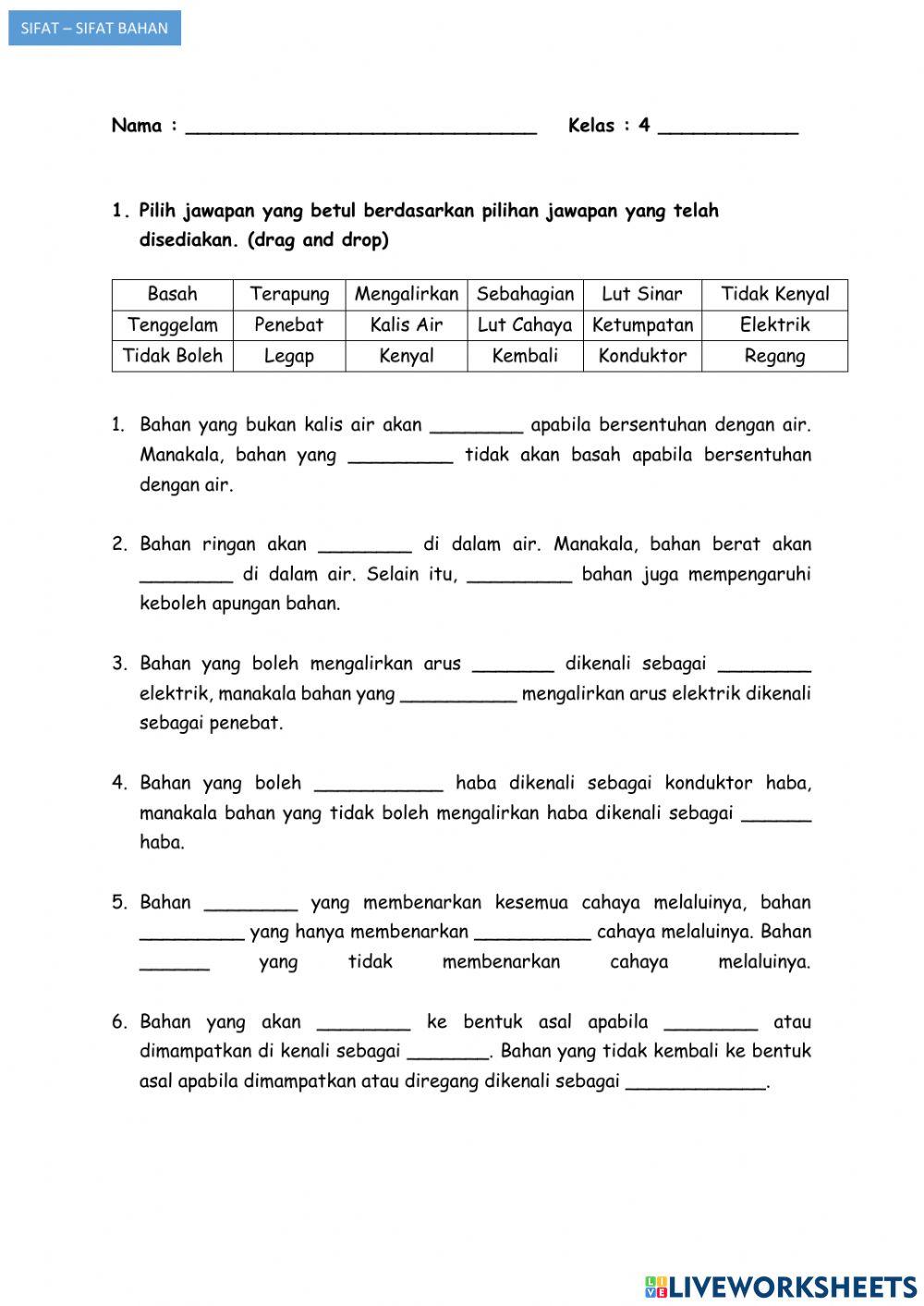 Sifa-sifat bahan worksheet | Live Worksheets