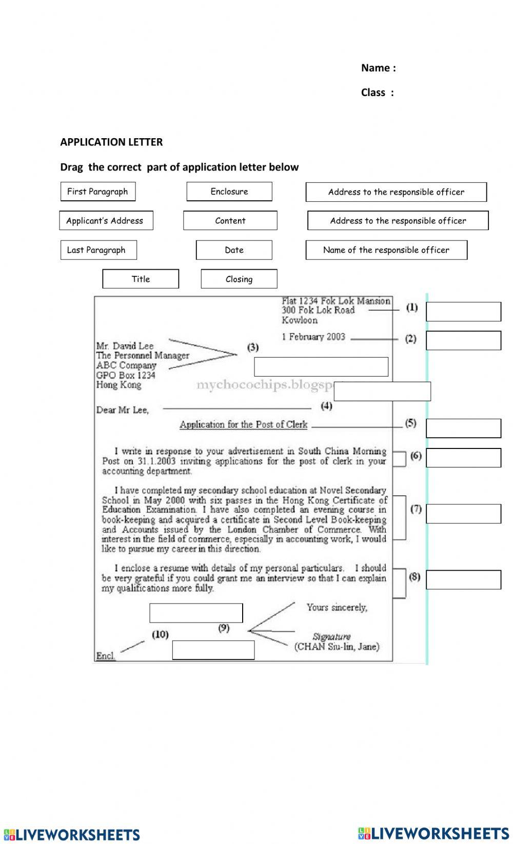 Application Letter online exercise for | Live Worksheets