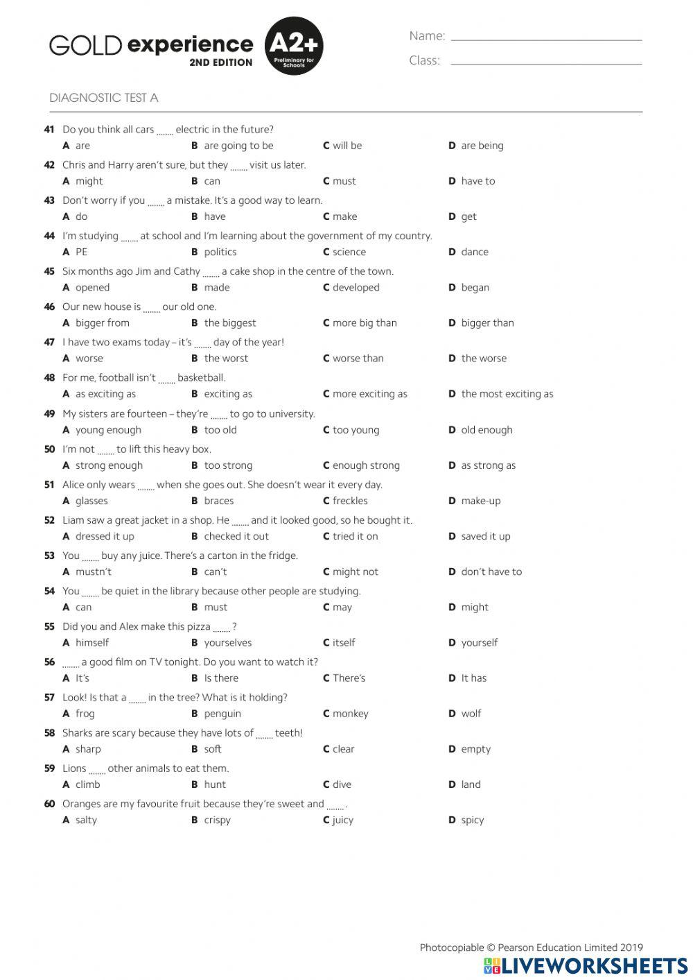 A2+-End of Year Test-Grammar-Vocabulary online exercise for | Live ...