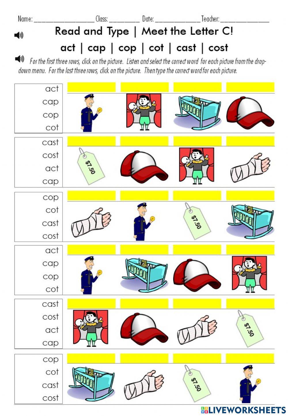 Read and Type - Meet the Letter C! Words: act - cap - cop