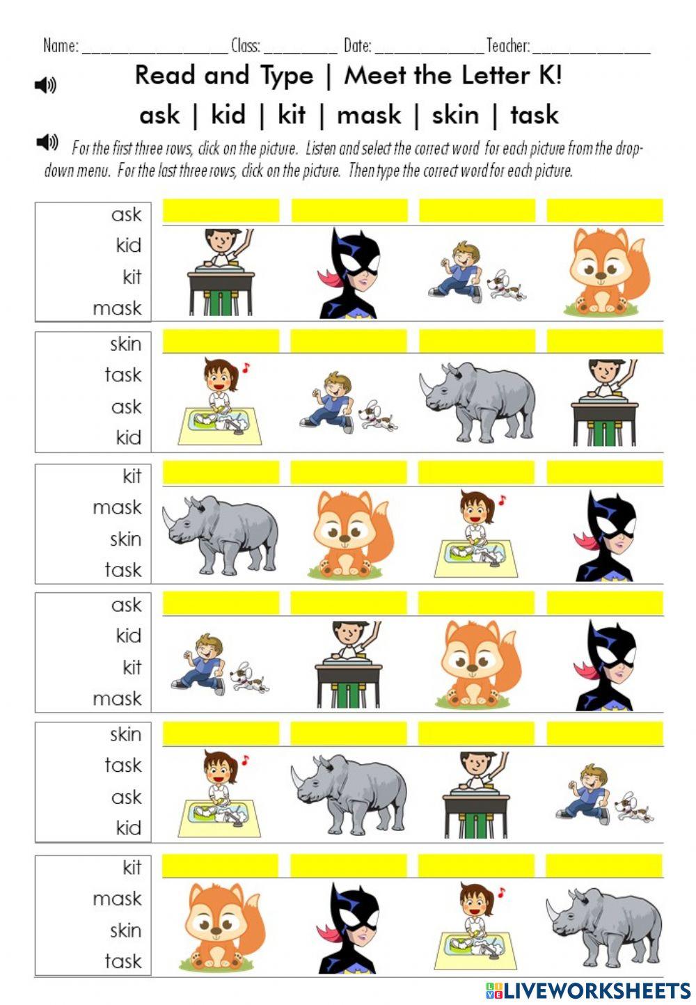 Read and Type - Meet the Letter K! Words: ask - kid - kit - mask - skin ...