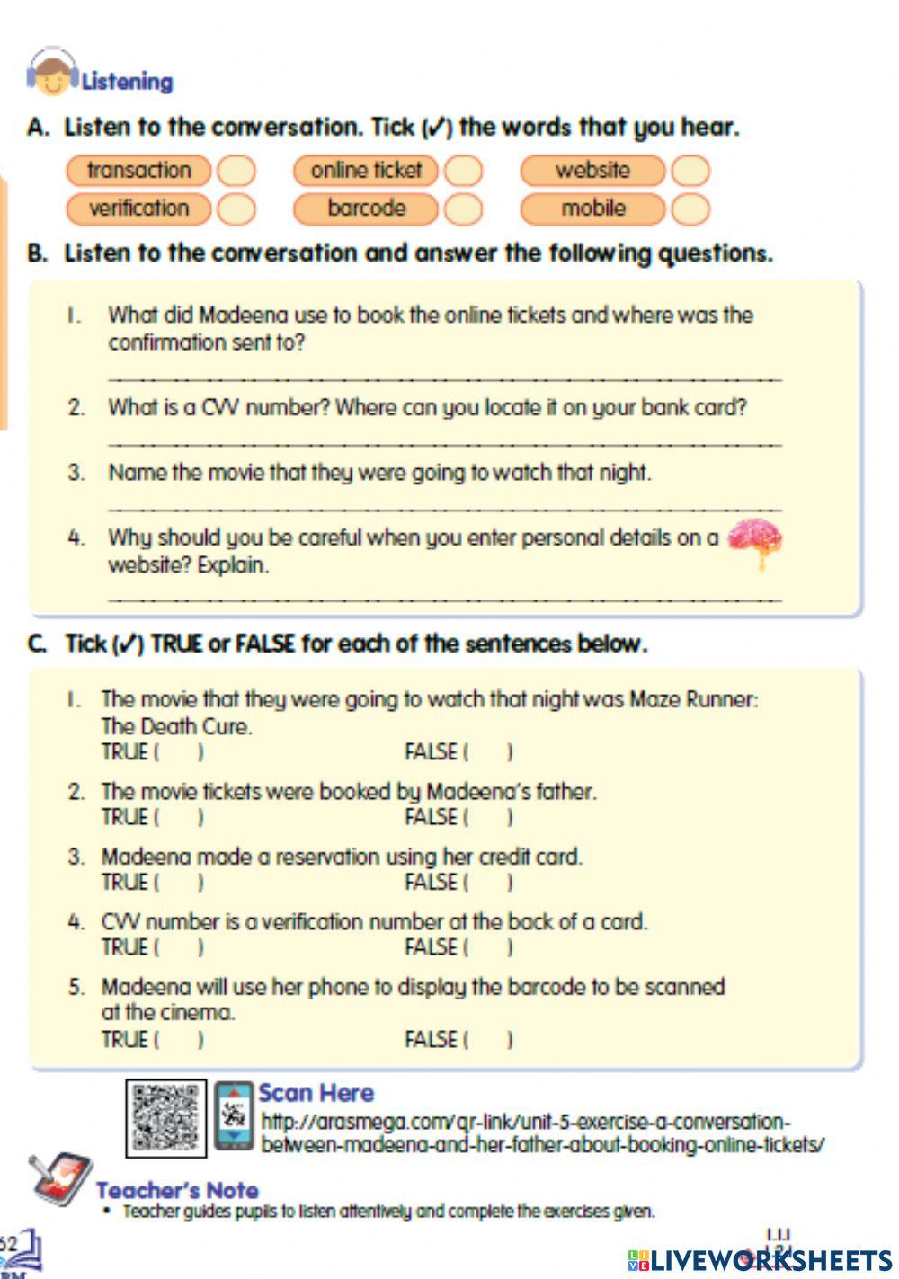 Listening: Booking Online Movie Ticket online exercise for | Live ...