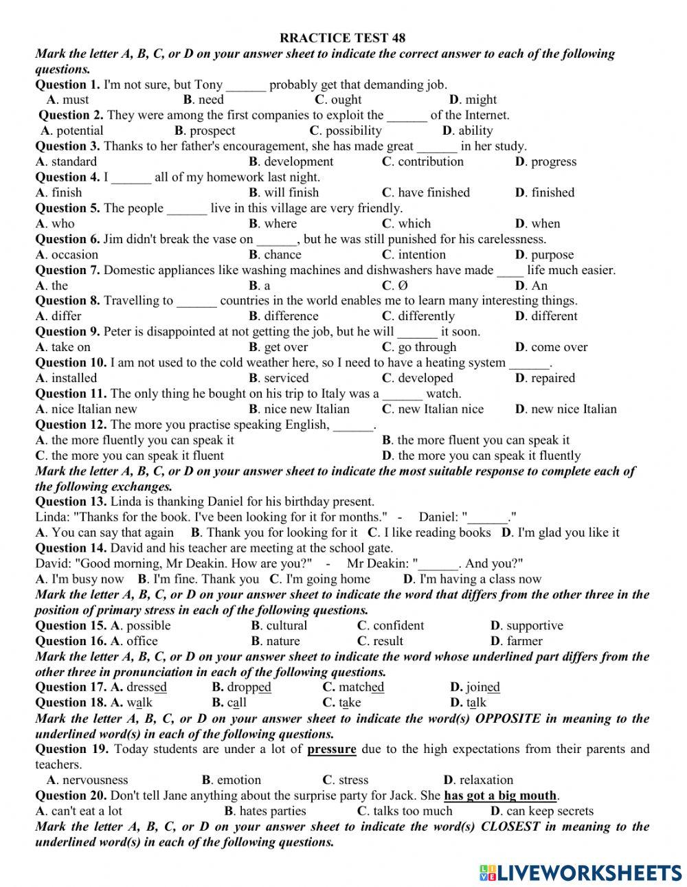 Trial test 48 interactive worksheet | Live Worksheets