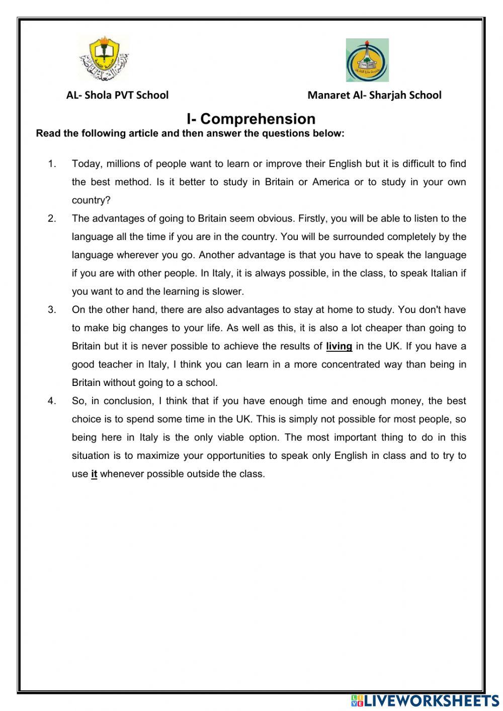 Reading Comprehension- learning a second language online exercise for ...
