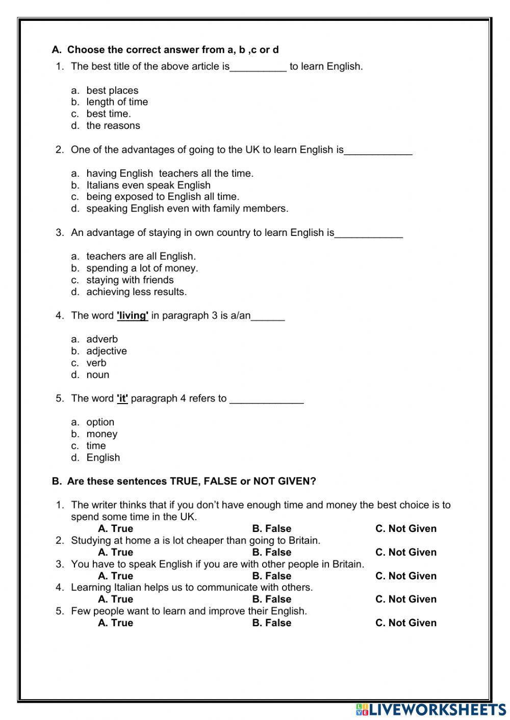 Reading Comprehension- learning a second language online exercise for ...