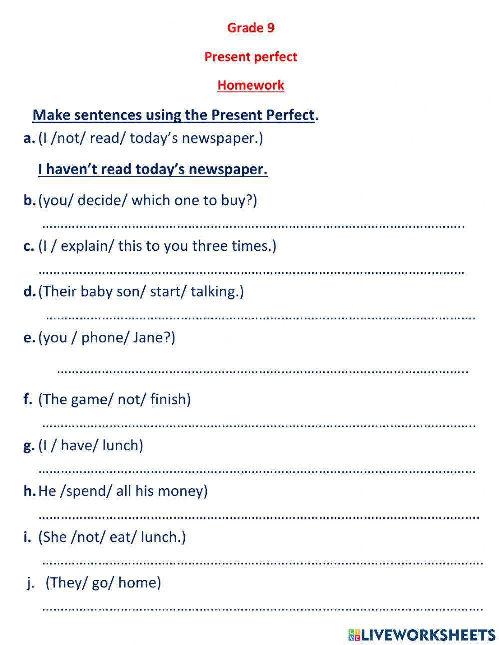 Grade 9, present perfect worksheet | Live Worksheets