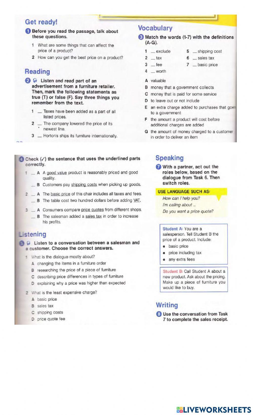Business: Prices Vocabulary worksheet | Live Worksheets