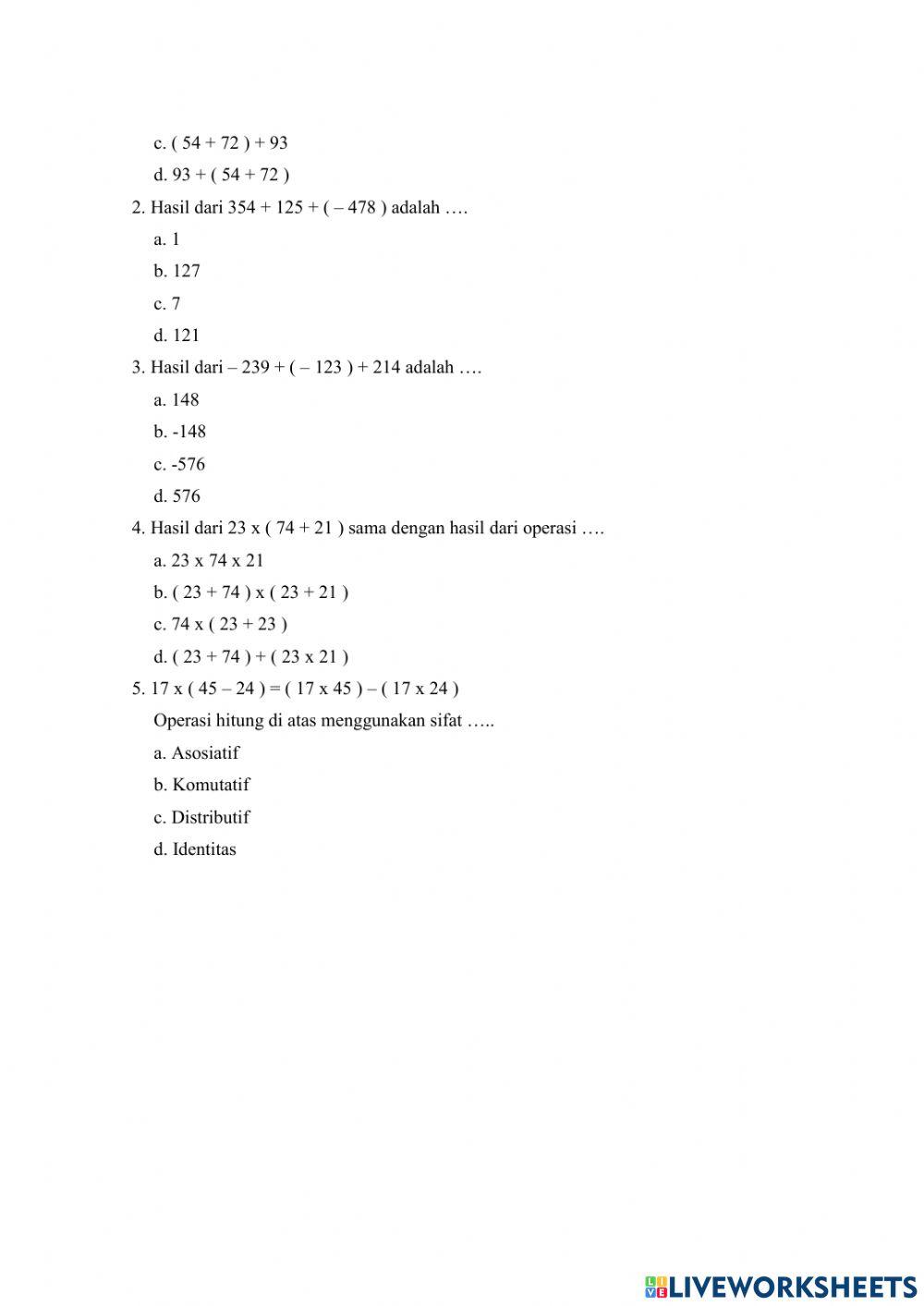 Operasi hitung bilangan bulat online worksheet for V/I | Live Worksheets