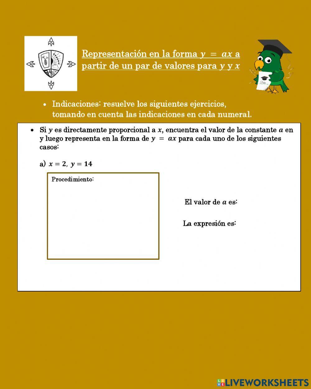 Representación en la forma y-ax worksheet | Live Worksheets