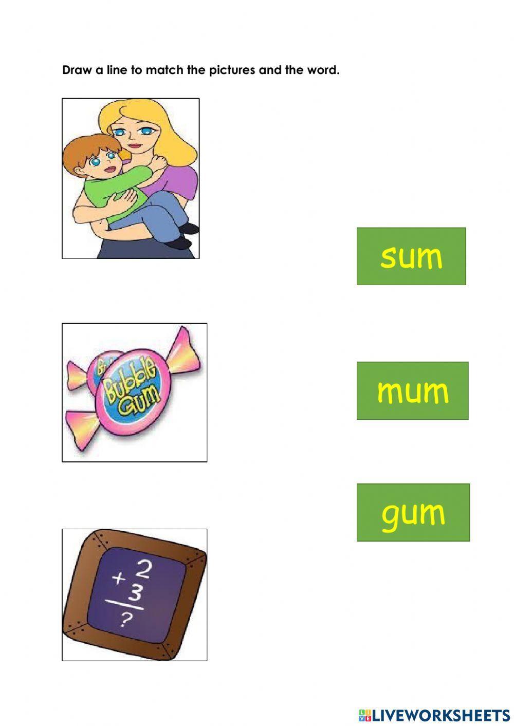 Family ut,un,um for making words worksheet | Live Worksheets