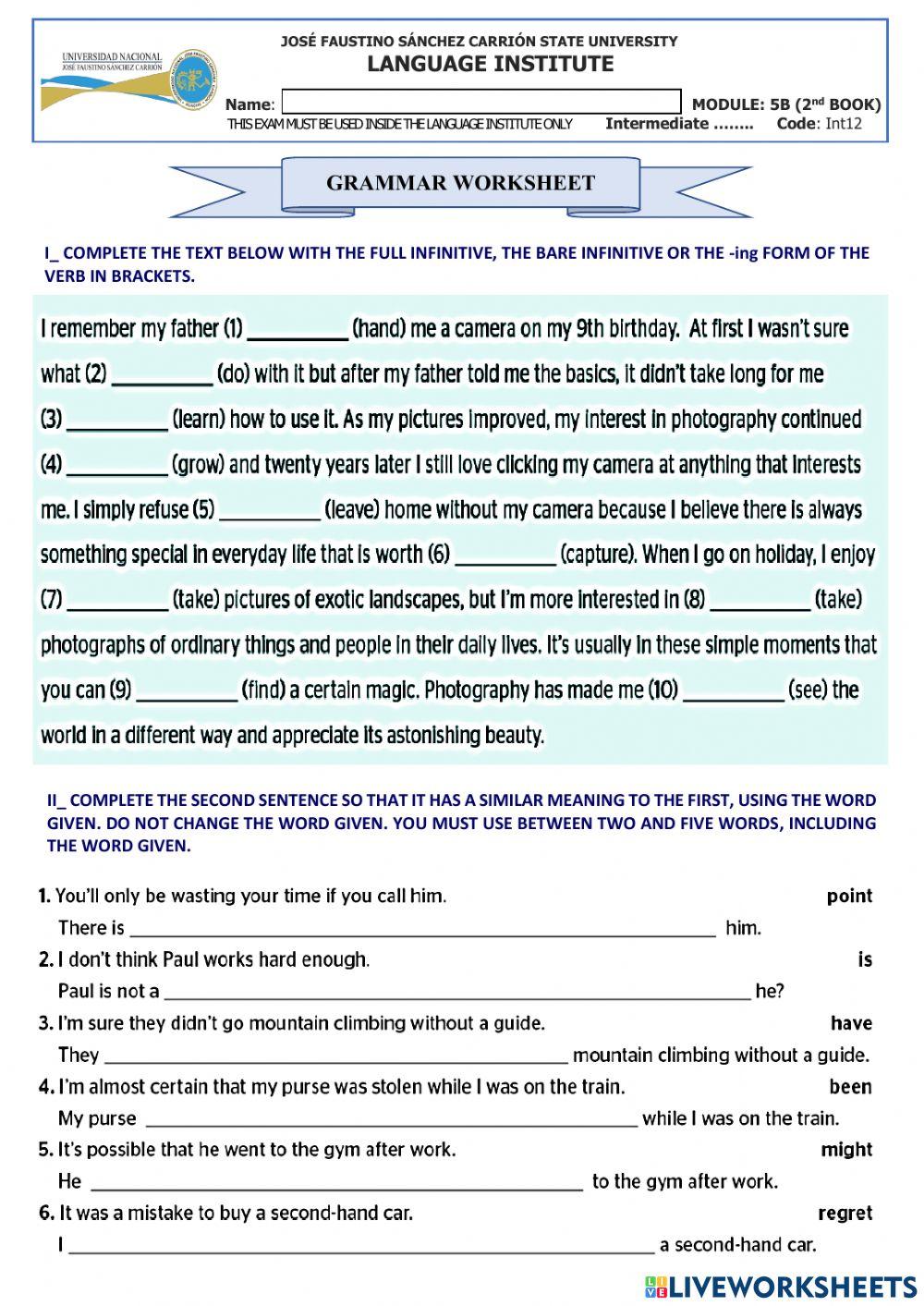 Grammar Wrksht2-Mod5B-Interm-2ndB worksheet | Live Worksheets