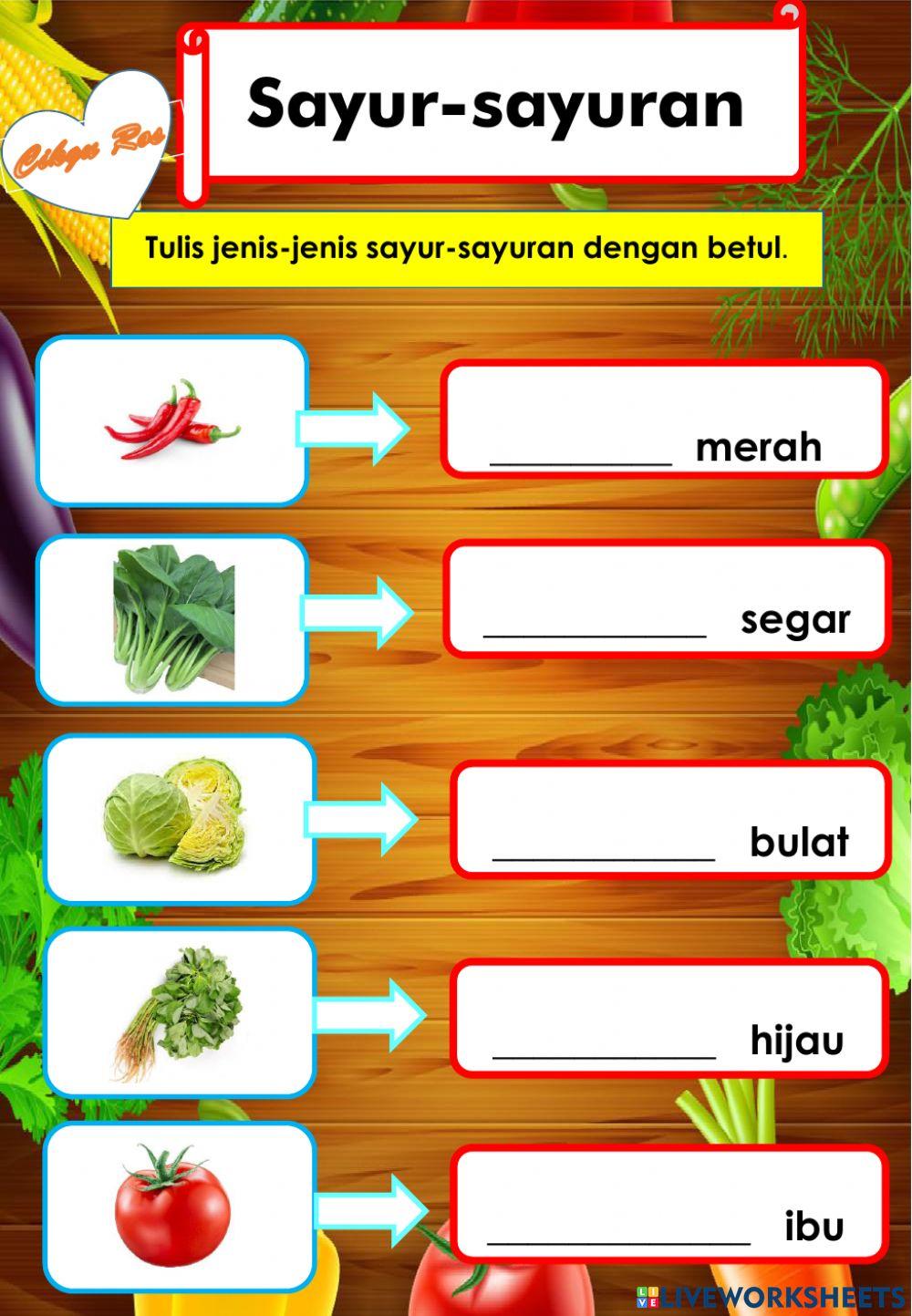 Pdf online exercise: Sayur-sayuran | Live Worksheets