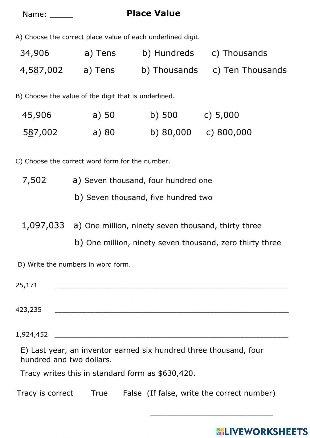 G4 place value w1 worksheet | Live Worksheets