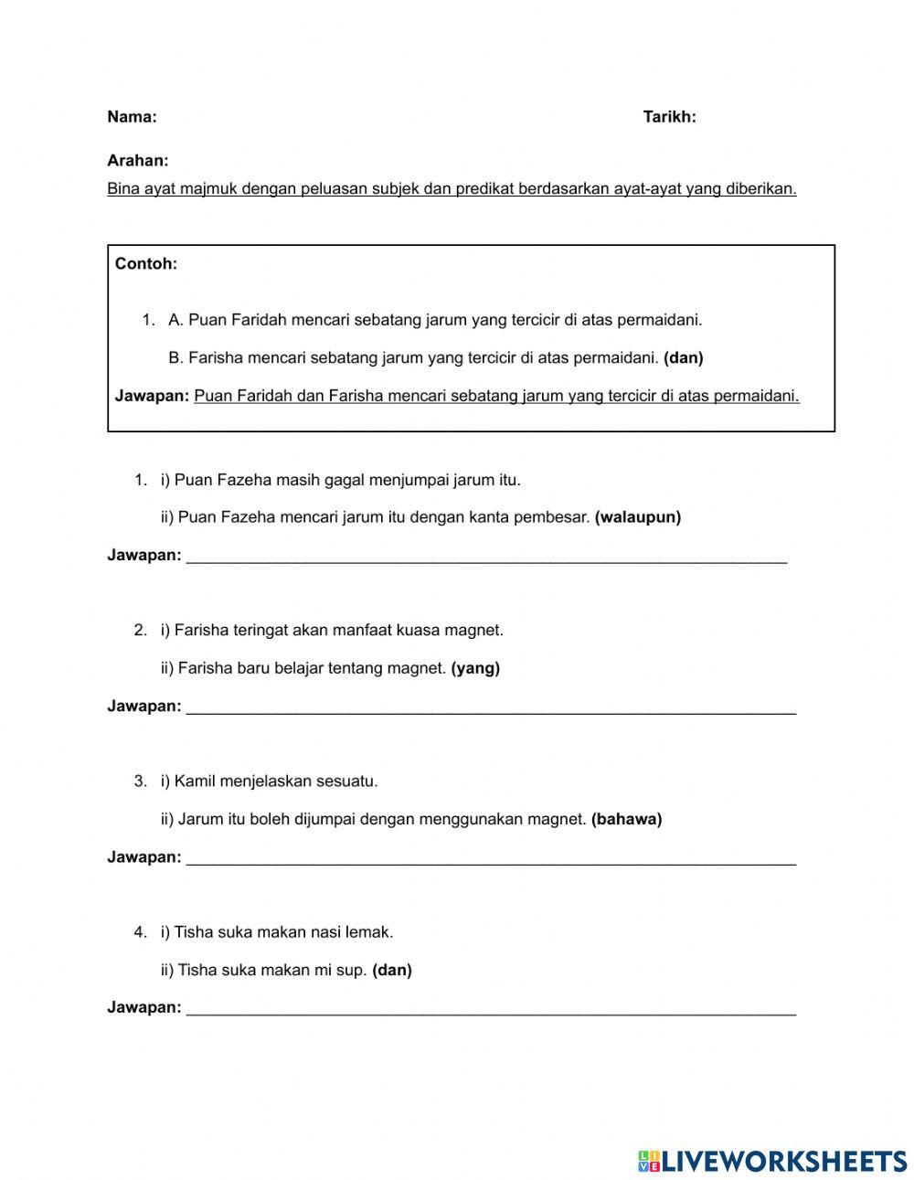 Peluasan subjek dan predikat interactive worksheet | Live Worksheets
