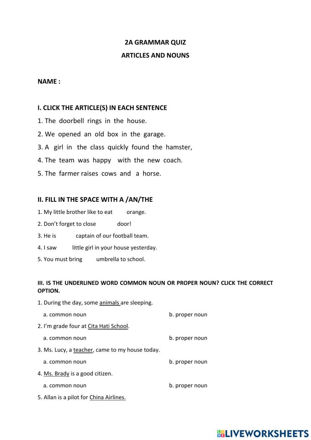 2A GRAMMAR QUIZ… | Free Interactive Worksheets | 5143102