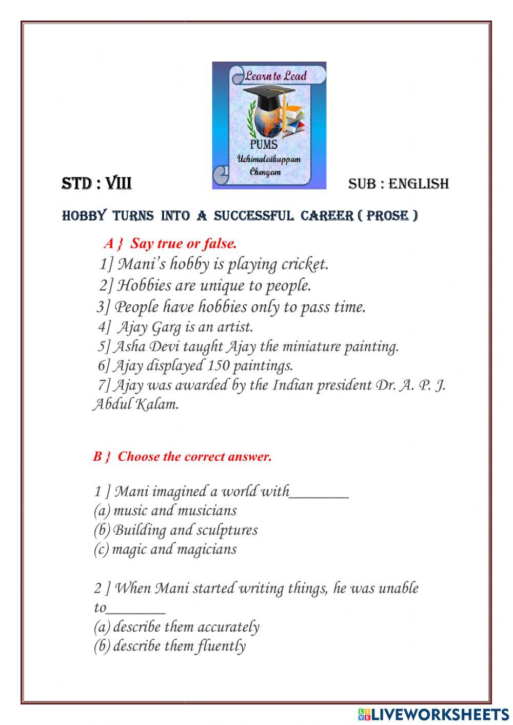 Hobby turns into a successful career worksheet | Live Worksheets
