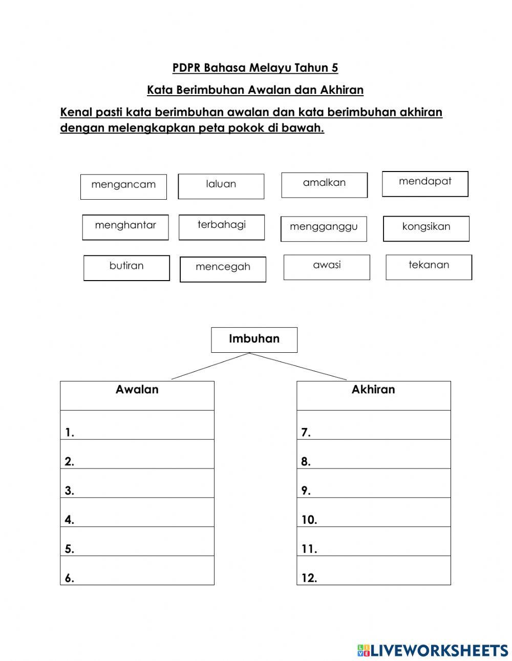 PDPR Bahasa Melayu - Kata Berimbuhan worksheet | Live Worksheets