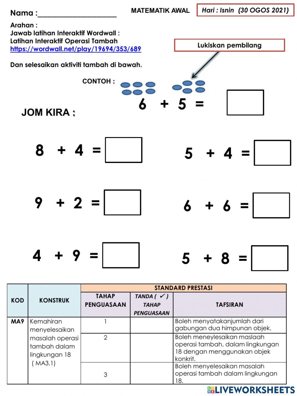 1323645 | Operasi Tambah | Suraiya Han | LiveWorksheets