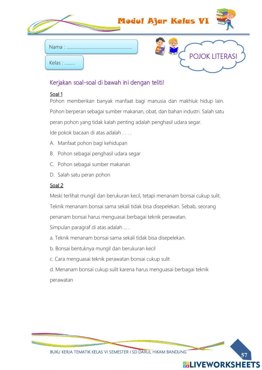 Latihan Literasi Tema 1 worksheet | Live Worksheets