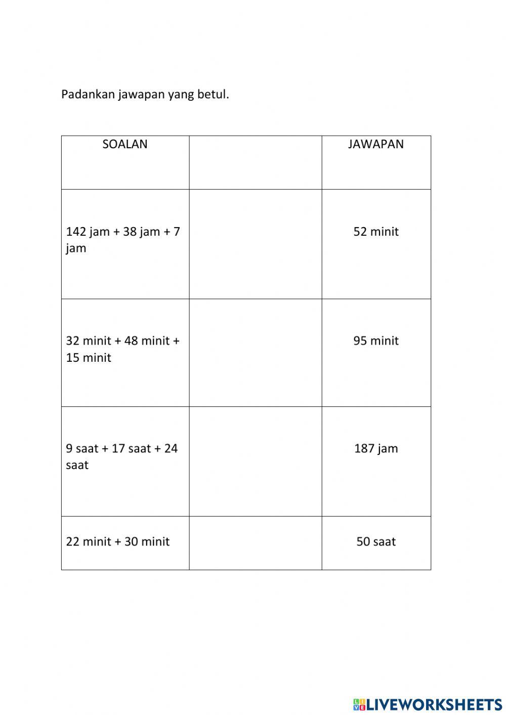 Masa online worksheet for Tahun 3 | Live Worksheets