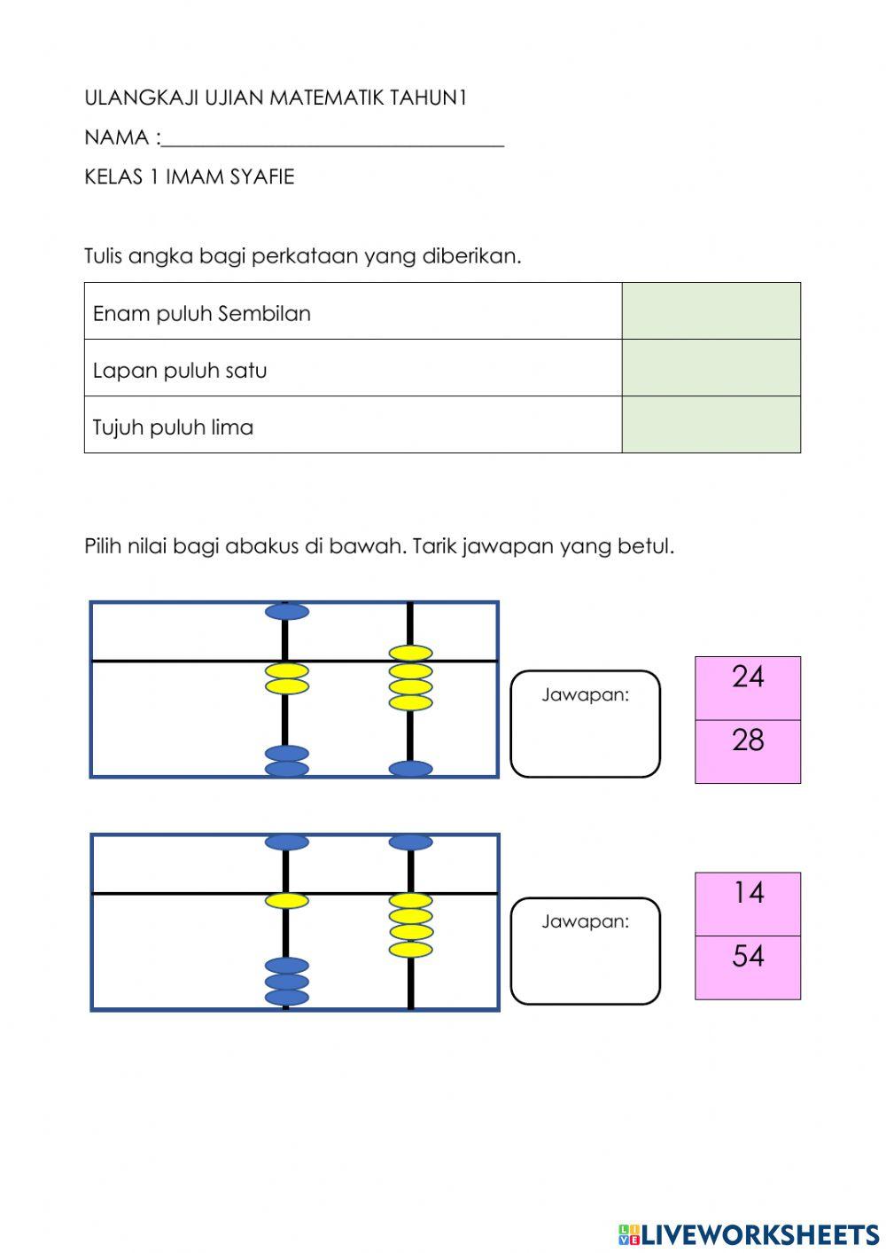 Ulangkaji matematik tahun 1 activity | Live Worksheets