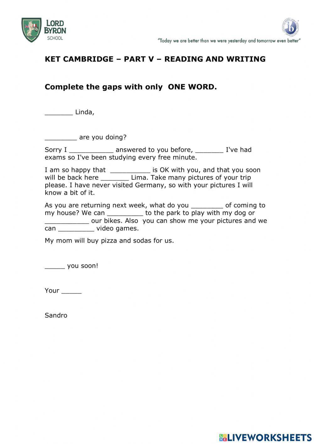 Ket cambridge exam reading part v worksheet | Live Worksheets