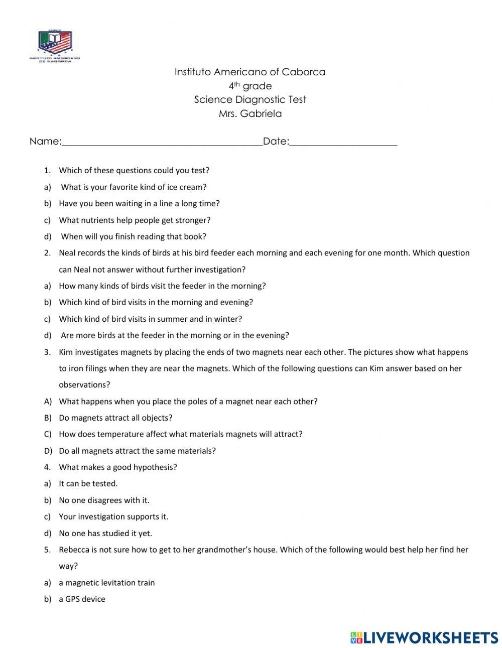 4th grade- science diagnostic - teacher gaby worksheet | Live Worksheets