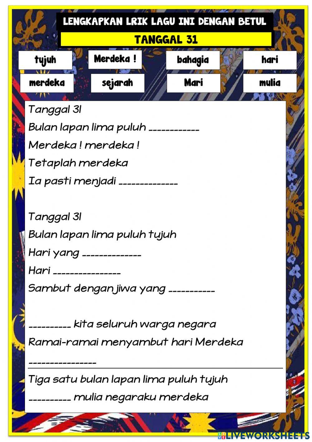 Pendidikan Kesenian Tahun 1 Kemerdekaan Worksheet Live Worksheets