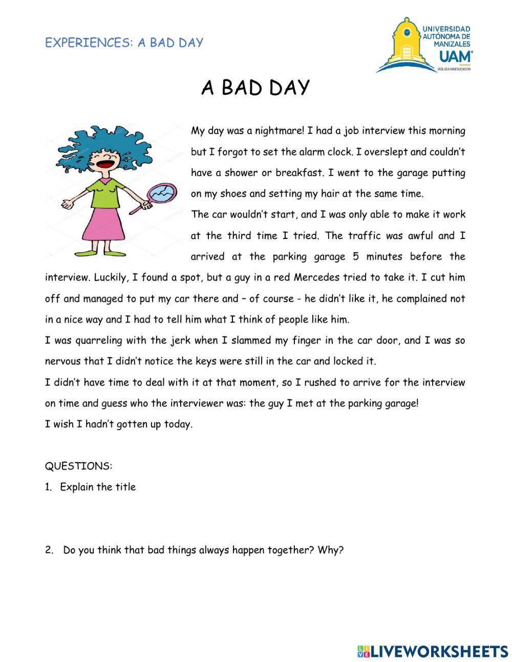 A bad day | Free Interactive Worksheets | 1325454