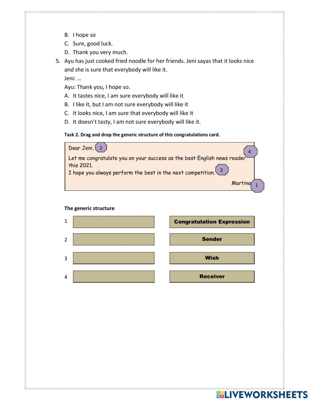 Congratulation Complimen Wish Hope worksheet | Live Worksheets