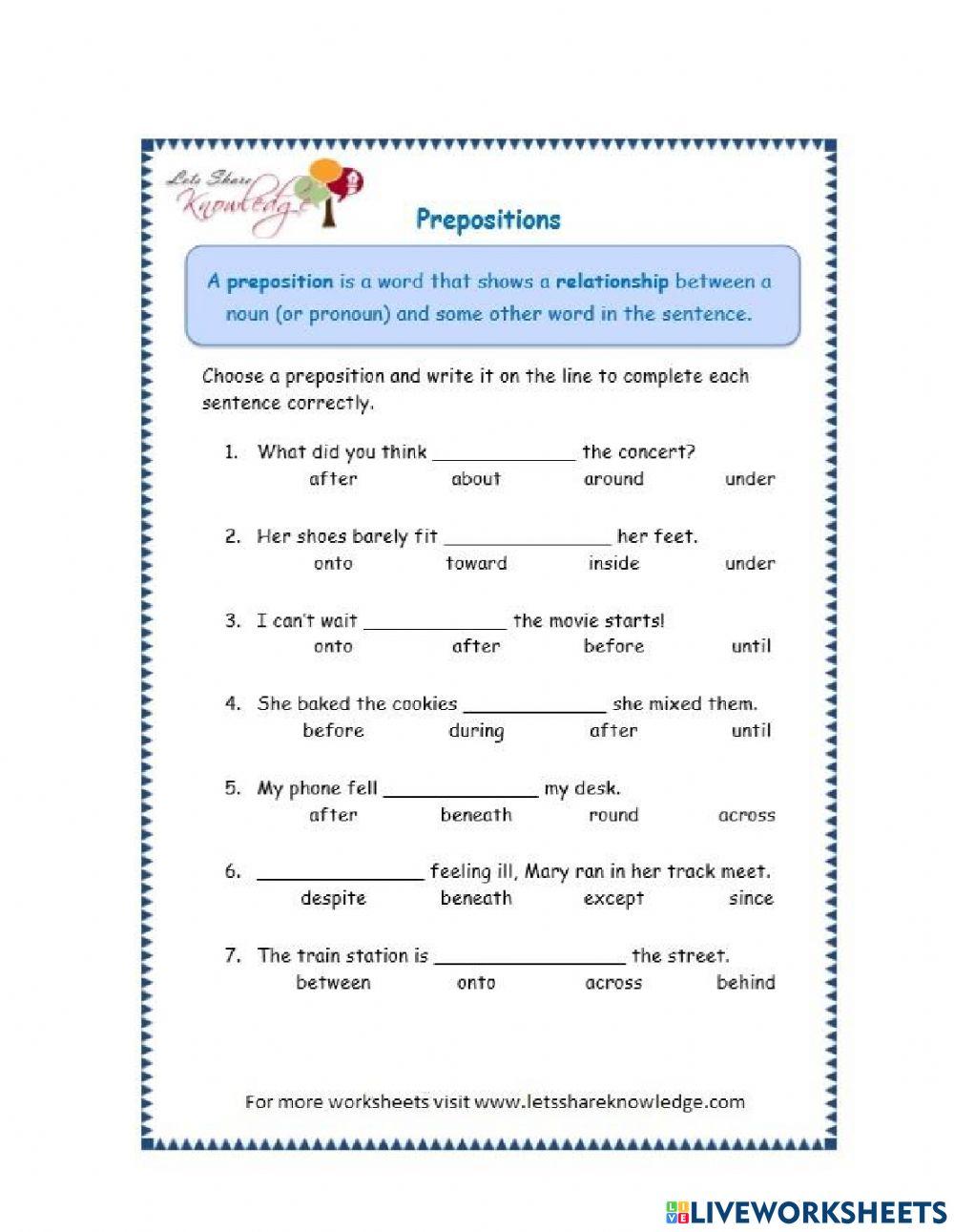 Prepositions online exercise for intermediate | Live Worksheets
