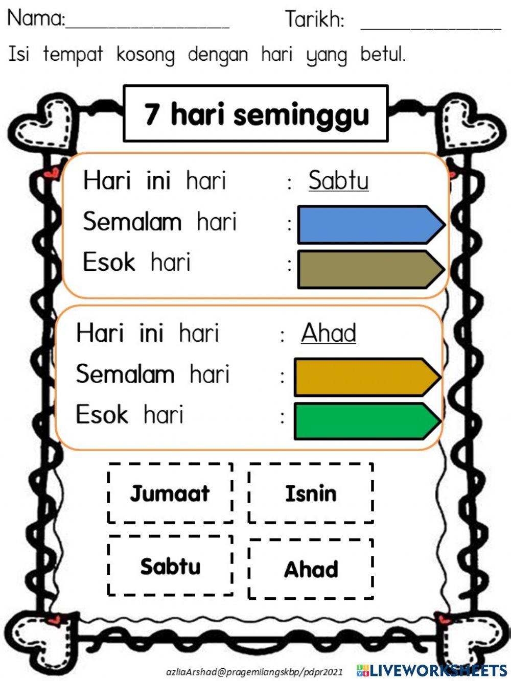 7 hari seminggu activity | Live Worksheets