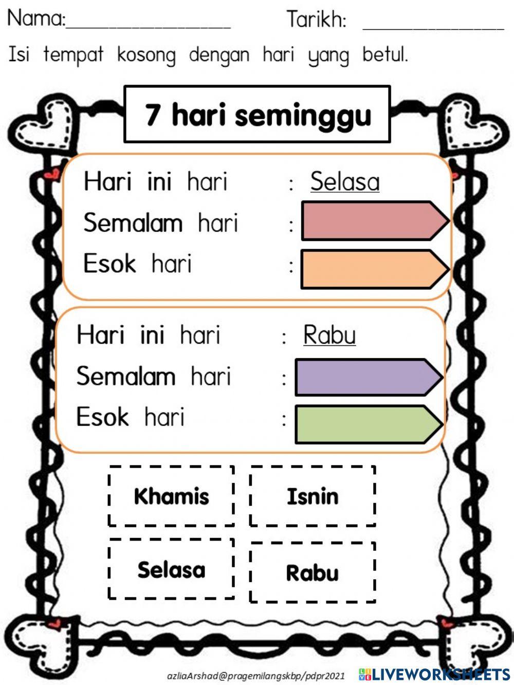 7 hari seminggu | Free Interactive Worksheets | 1223640