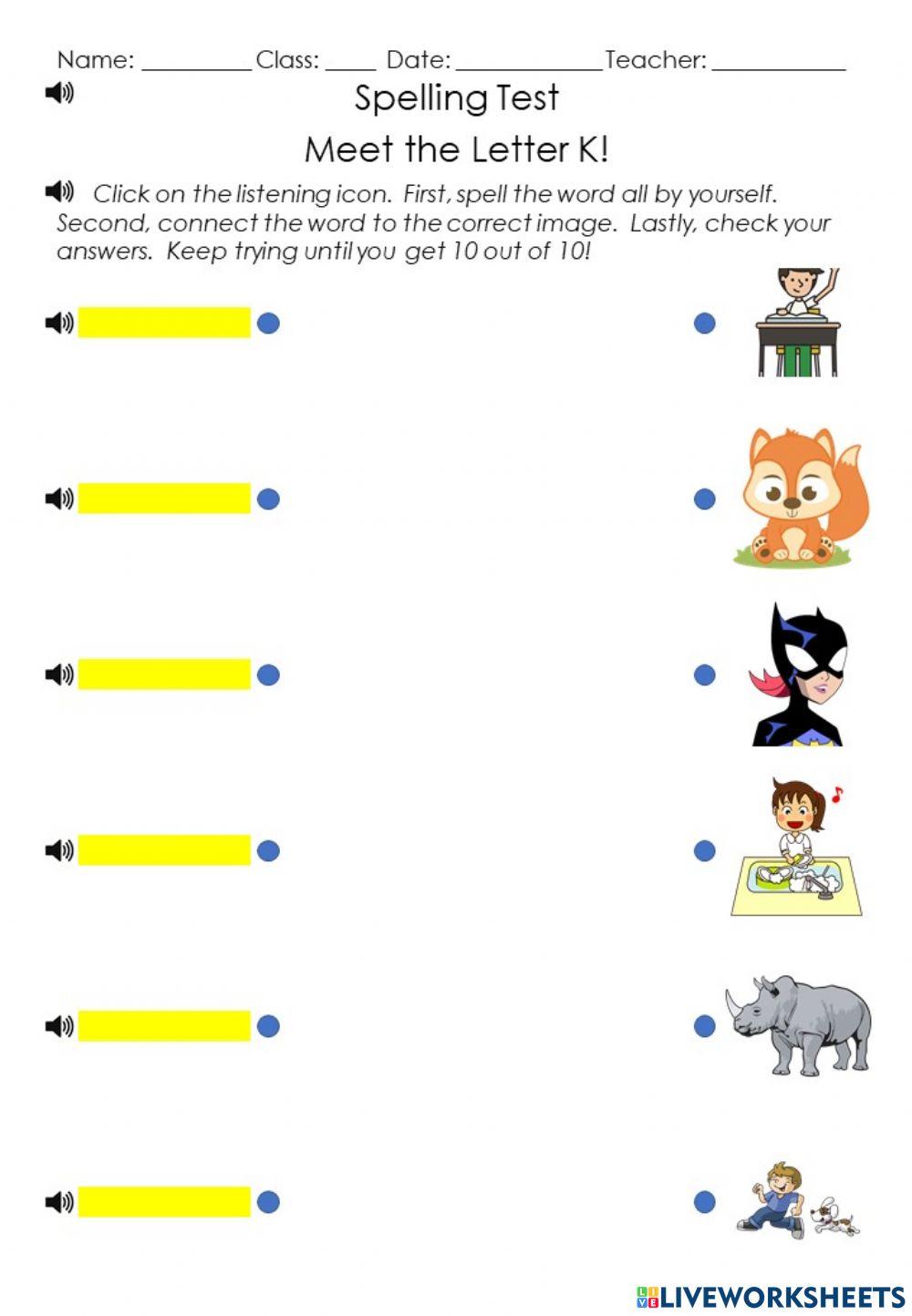 Spelling Test for Meet the Letter K! Words ask - kid - kit - mask ...