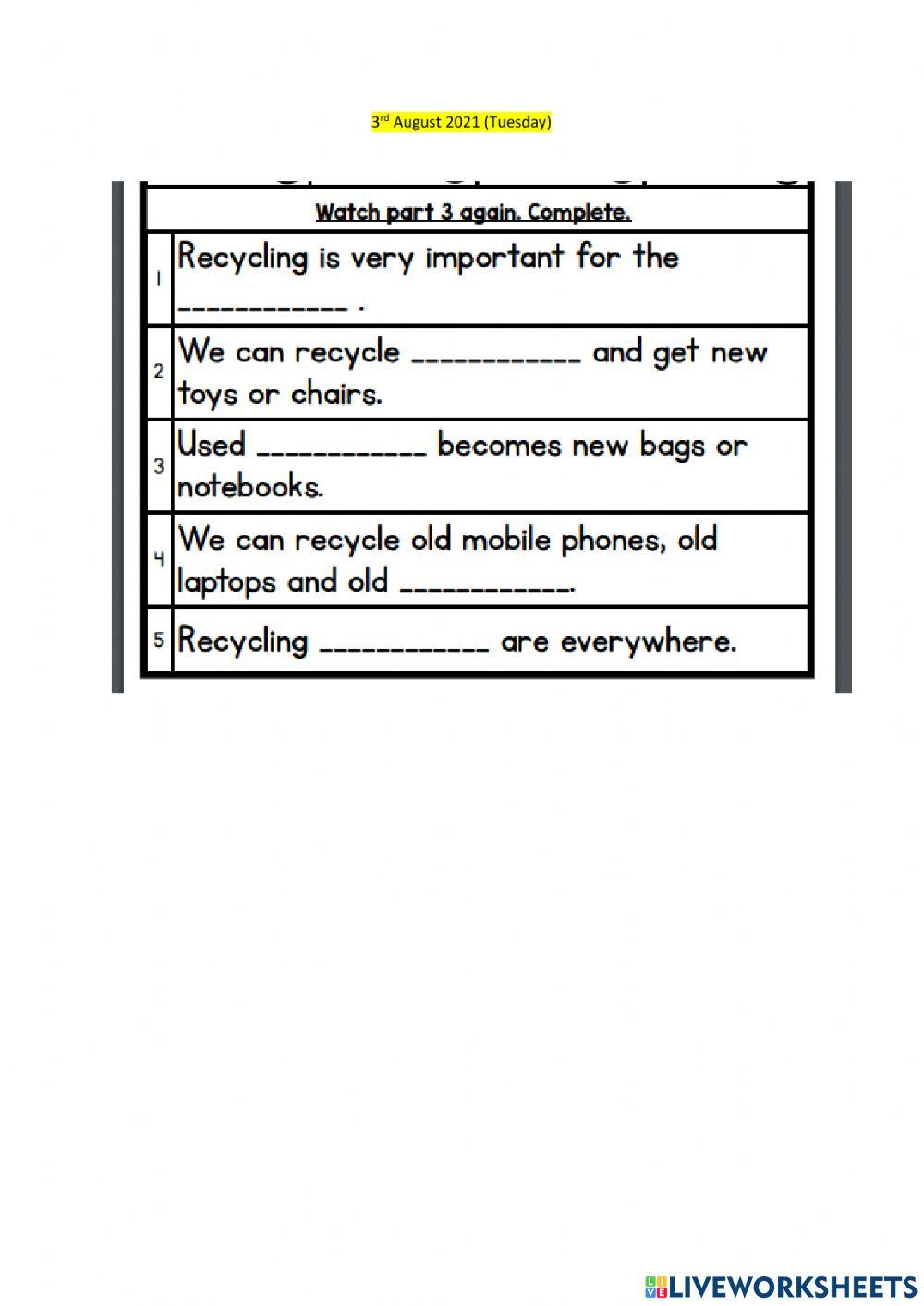 Recycle free activity | Live Worksheets