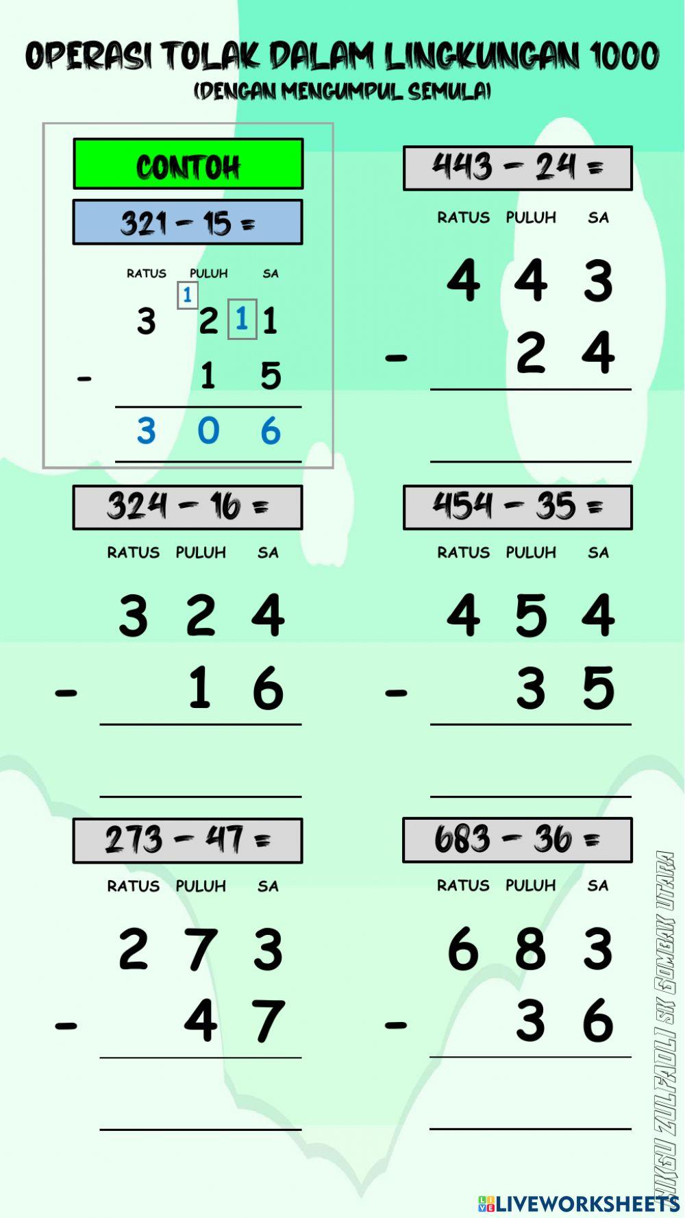 Operasi tolak l… | Free Interactive Worksheets | 1224071