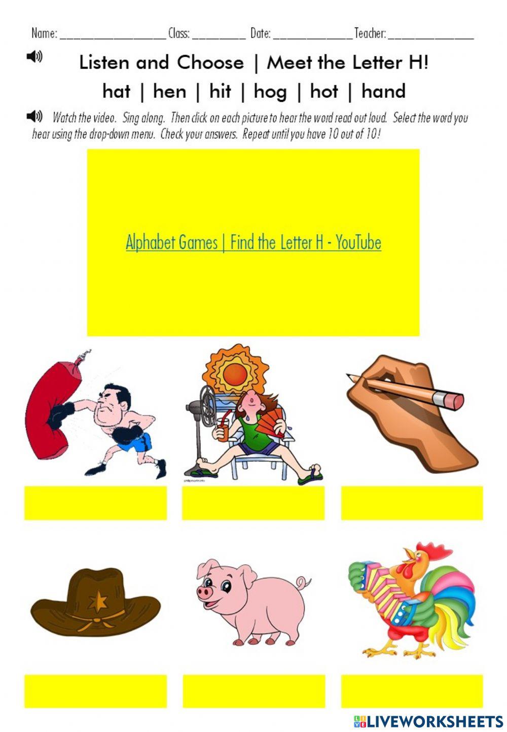 Listen and Choose - Meet the Letter H! Words: hat - hen - hit - hog ...