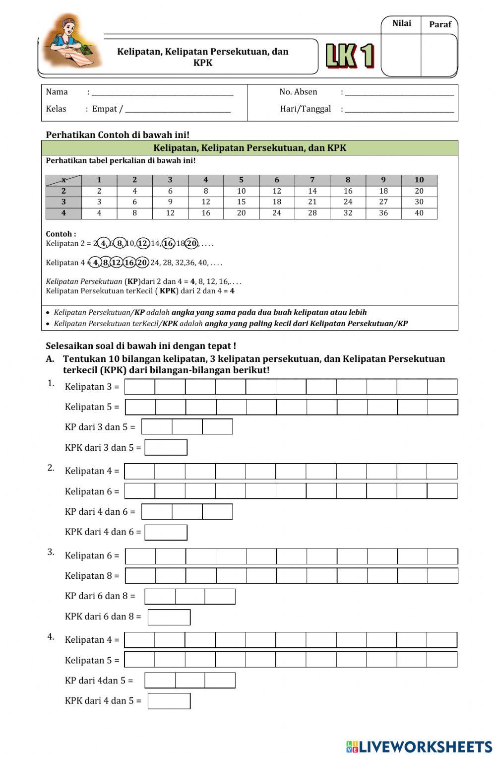 Kelipatan & KPK 1224251 | imamasari | Live Worksheets