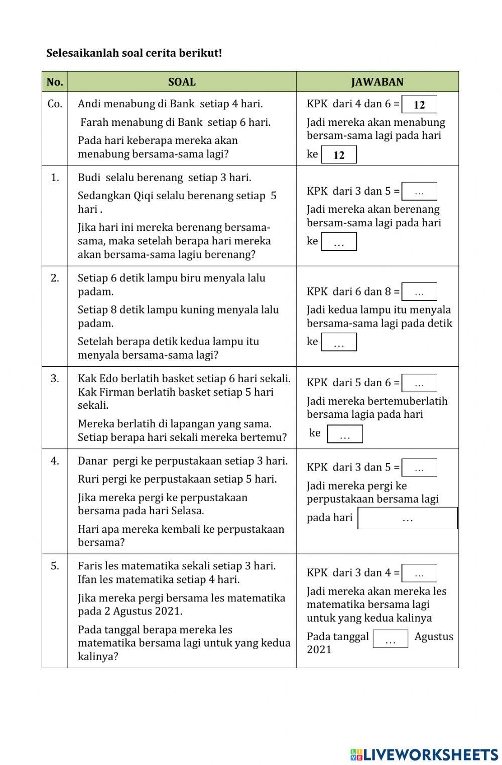 Kelipatan & KPK 1224251 | imamasari | Live Worksheets