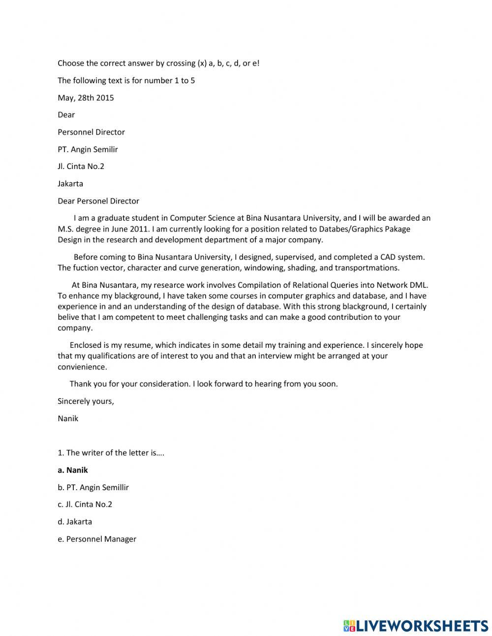 Apllication Letter Test For SMAN 22 Students worksheet | Live Worksheets