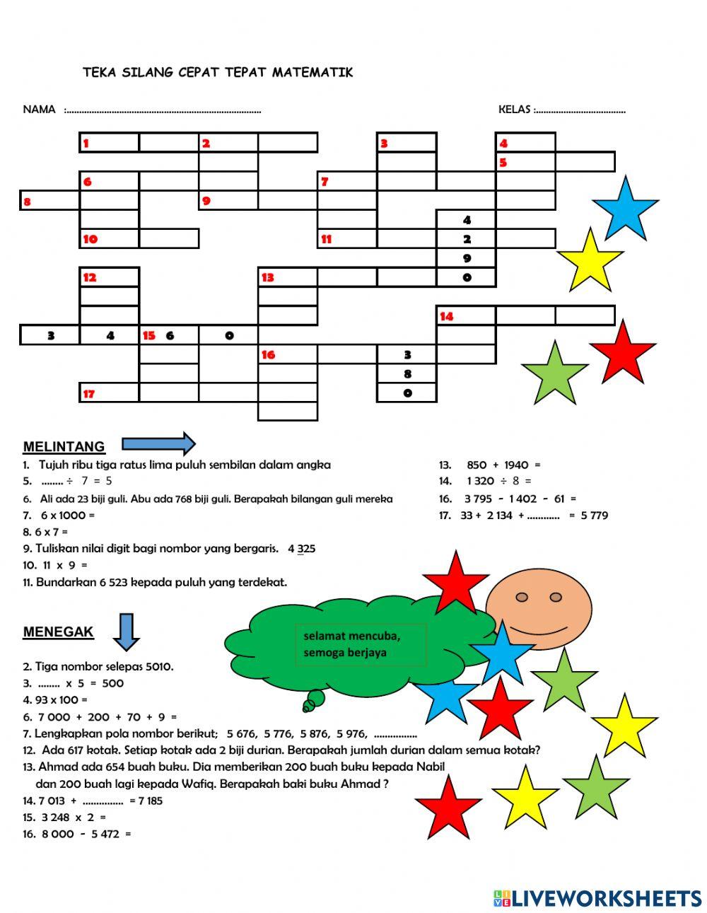 TEKA SILANG CEPAT TEPAT MATEMATIK online exercise for | Live Worksheets