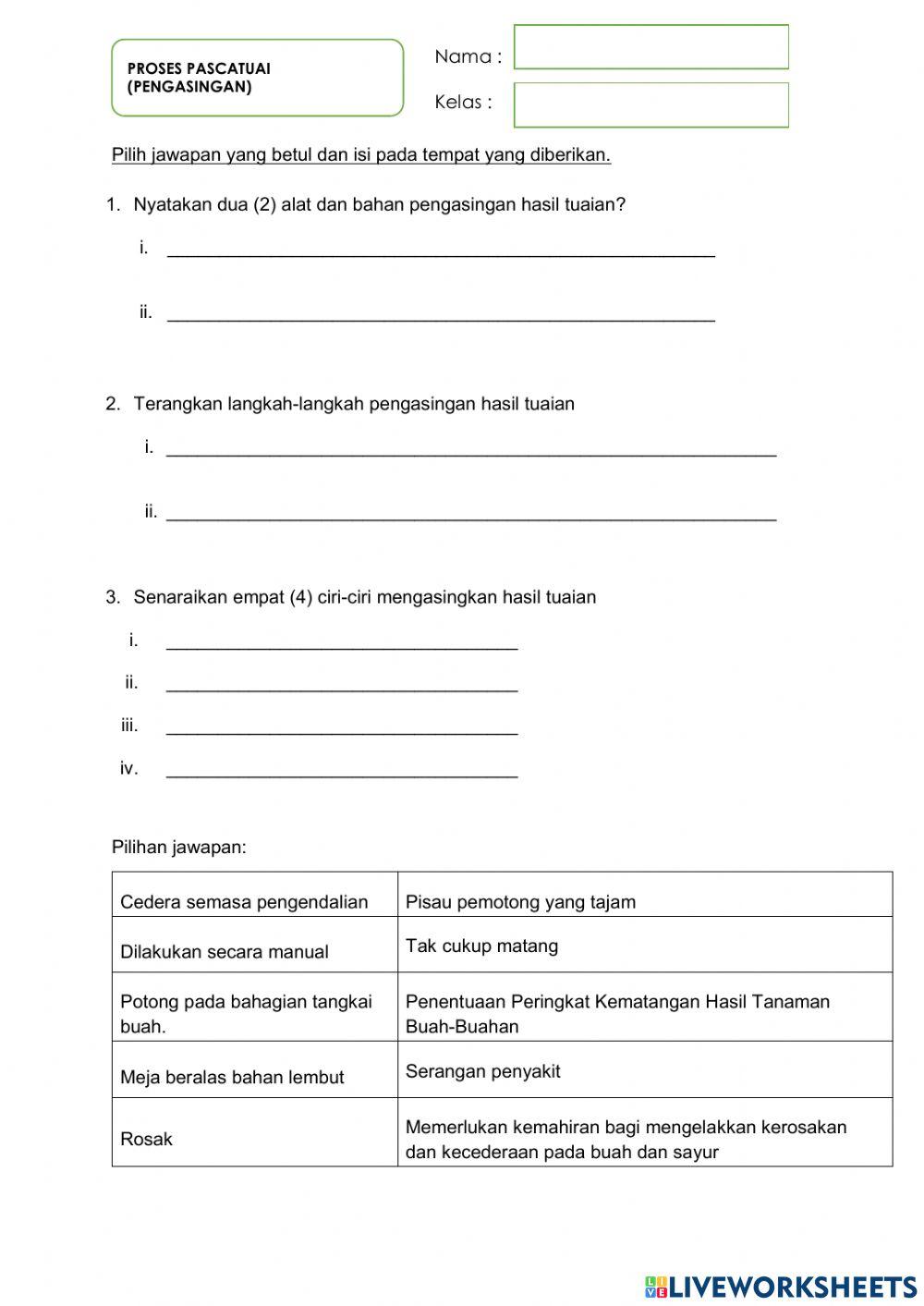 Pengasingan tanaman worksheet | Live Worksheets