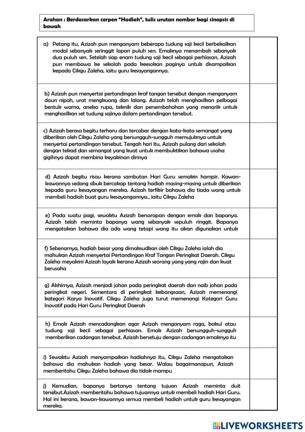 1225262 | Cerpen hadiah | Minmin | LiveWorksheets