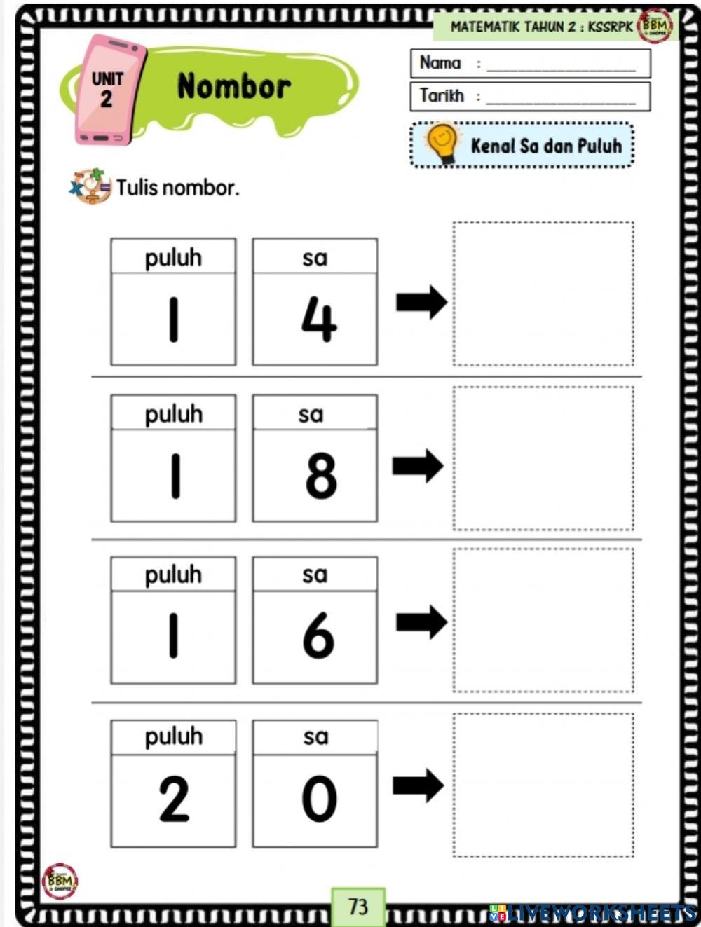 Nilai tempat puluh dan sa online exercise for | Live Worksheets