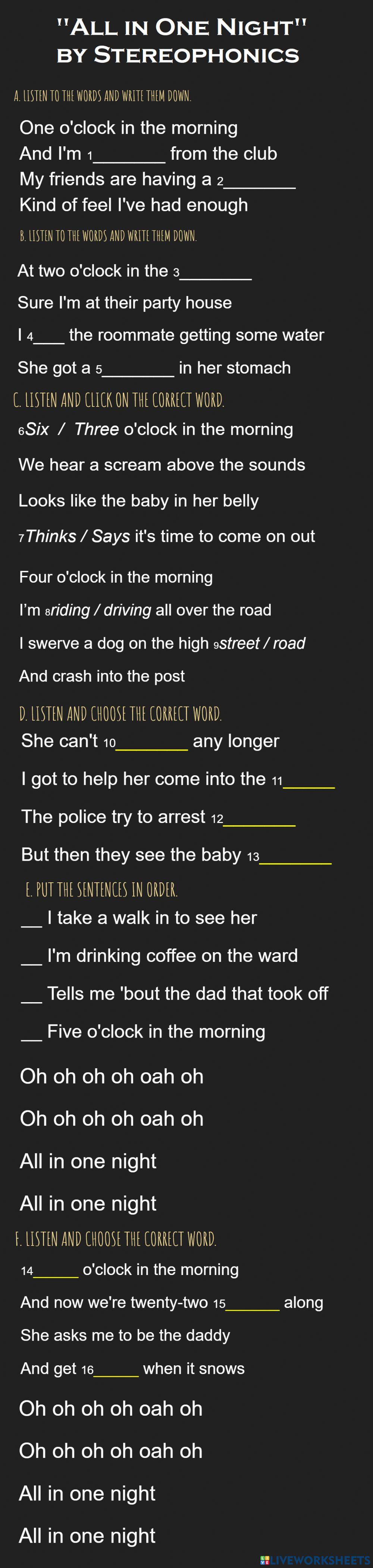 All in One Night - Song Activity worksheet | Live Worksheets