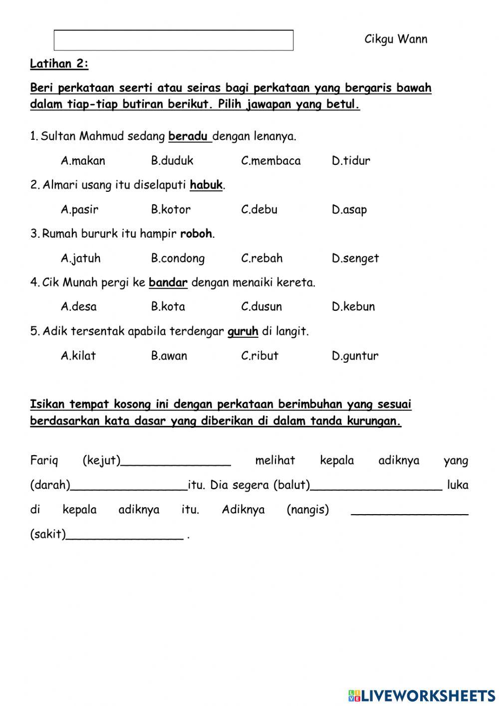 Latihan 2 : Perkataan Antonim dan Imbuhan worksheet | Live Worksheets